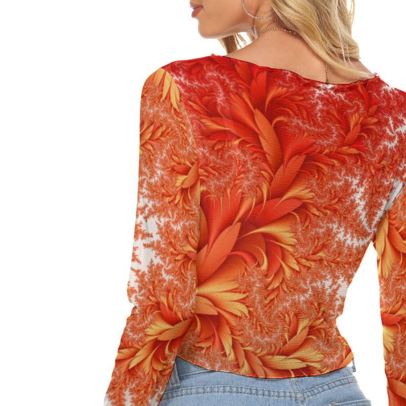 Red Floral Romantic Mesh Crop Top Long Sleeves up to 6XL - Etsy