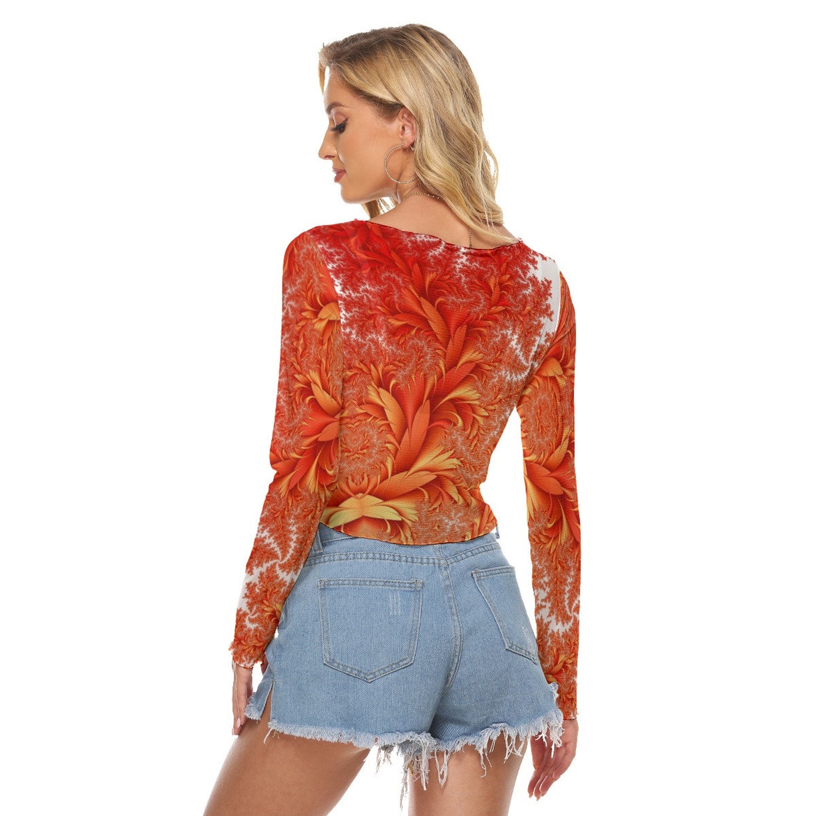 Red Floral Romantic Mesh Crop Top Long Sleeves up to 6XL - Etsy