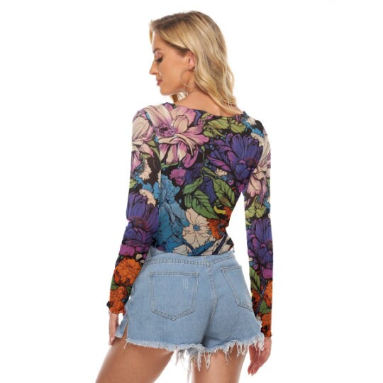 Moonshade Floral Women's Mesh Crop Top Long Sleevestwo Styles - Etsy