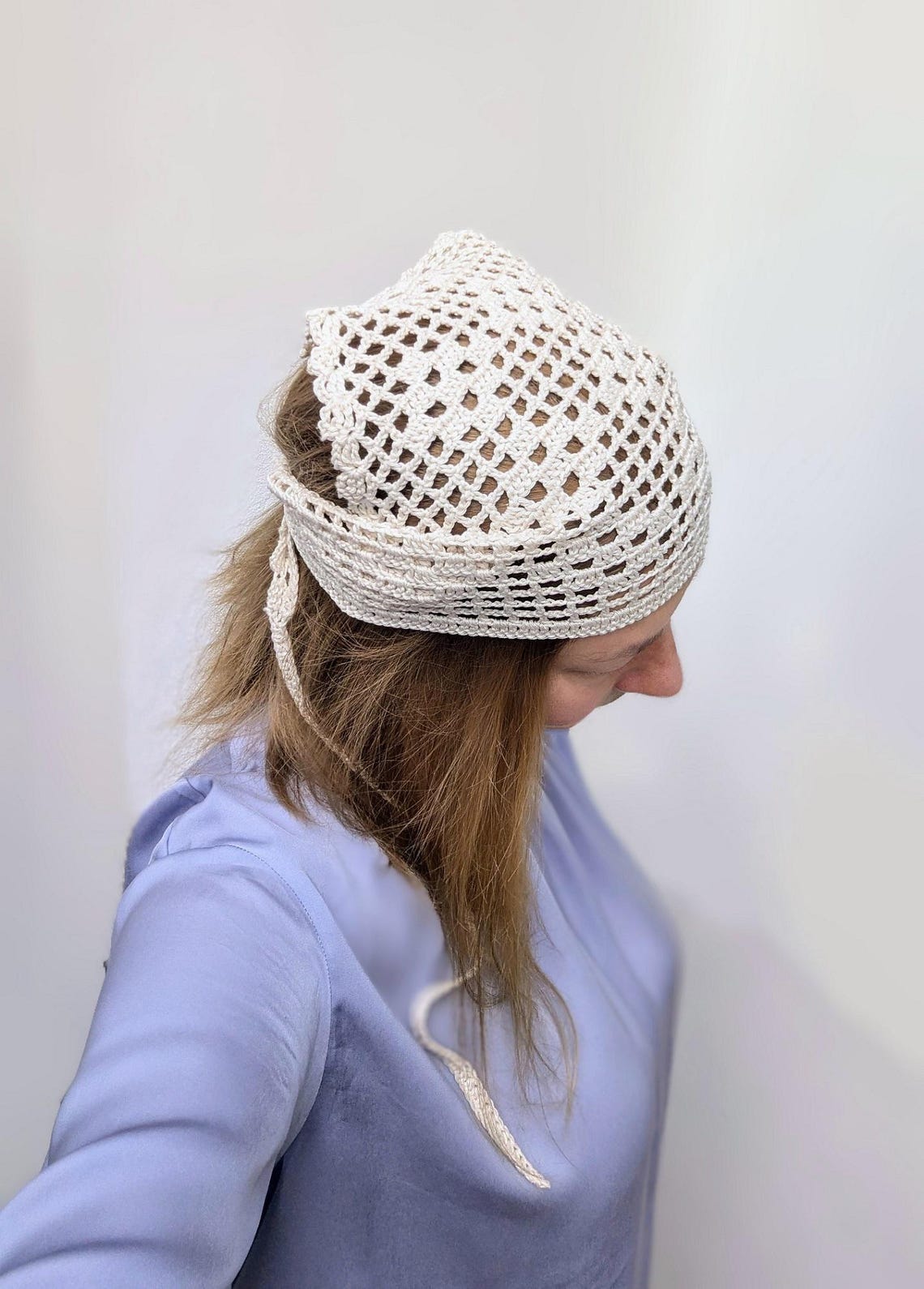 Filet Crochet Bandana, White Lace Bandana, Triangle Cotton Headband ...