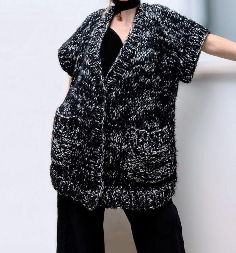 Large Knitted Vest, Black and White Waistcoat, Oversize Vest, Wide Knit ...