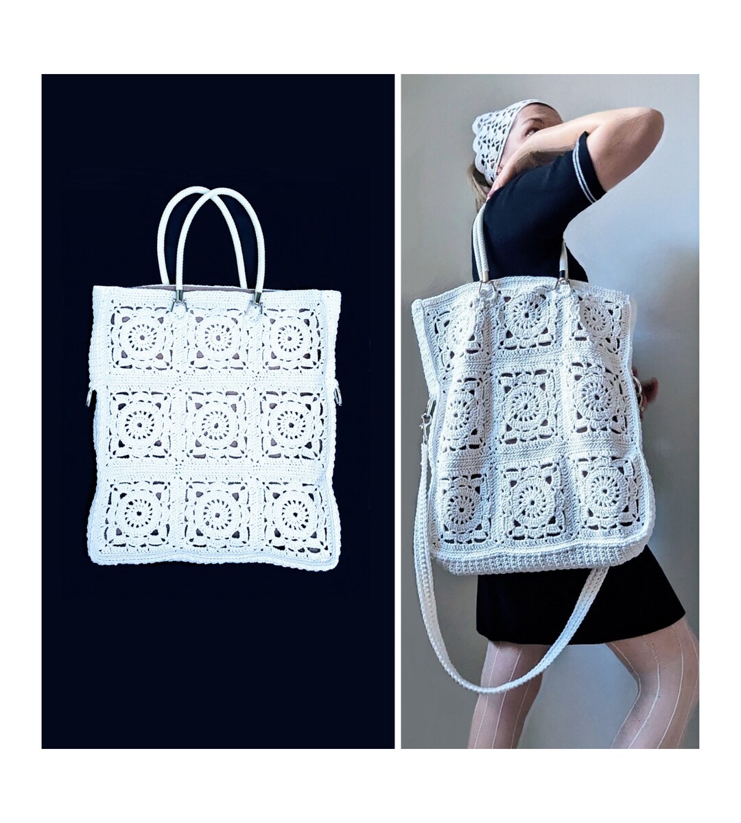White Crochet Bag, Large Granny Square Shopper, Handmade Tote Bag, Knit ...