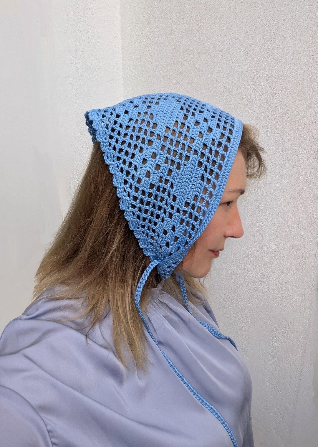 Light Blue Bandana, Lace Boho Bandana, Triangle Cotton Headband, Filet ...
