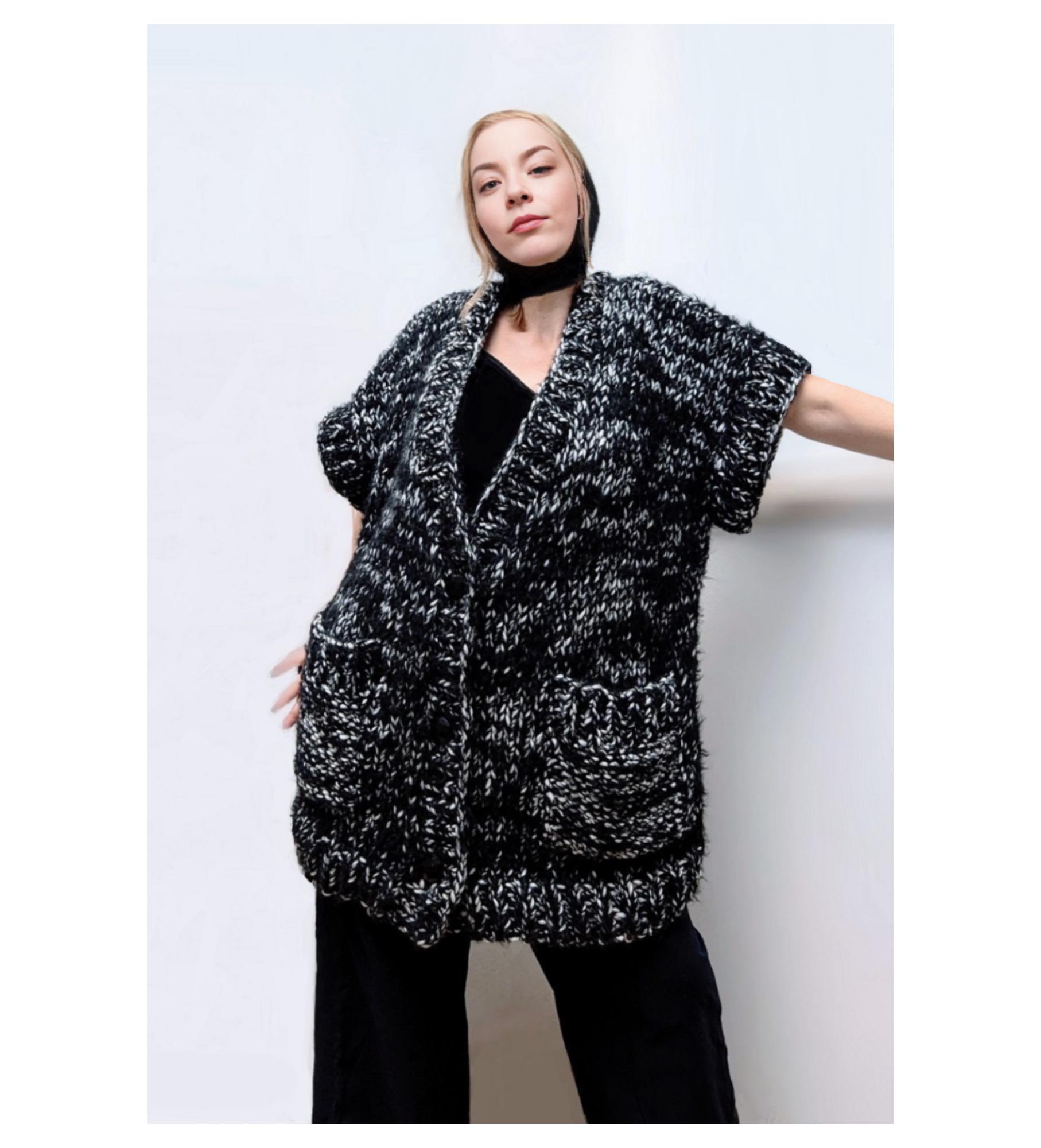 Large Knitted Vest, Black and White Waistcoat, Oversize Vest, Wide Knit ...