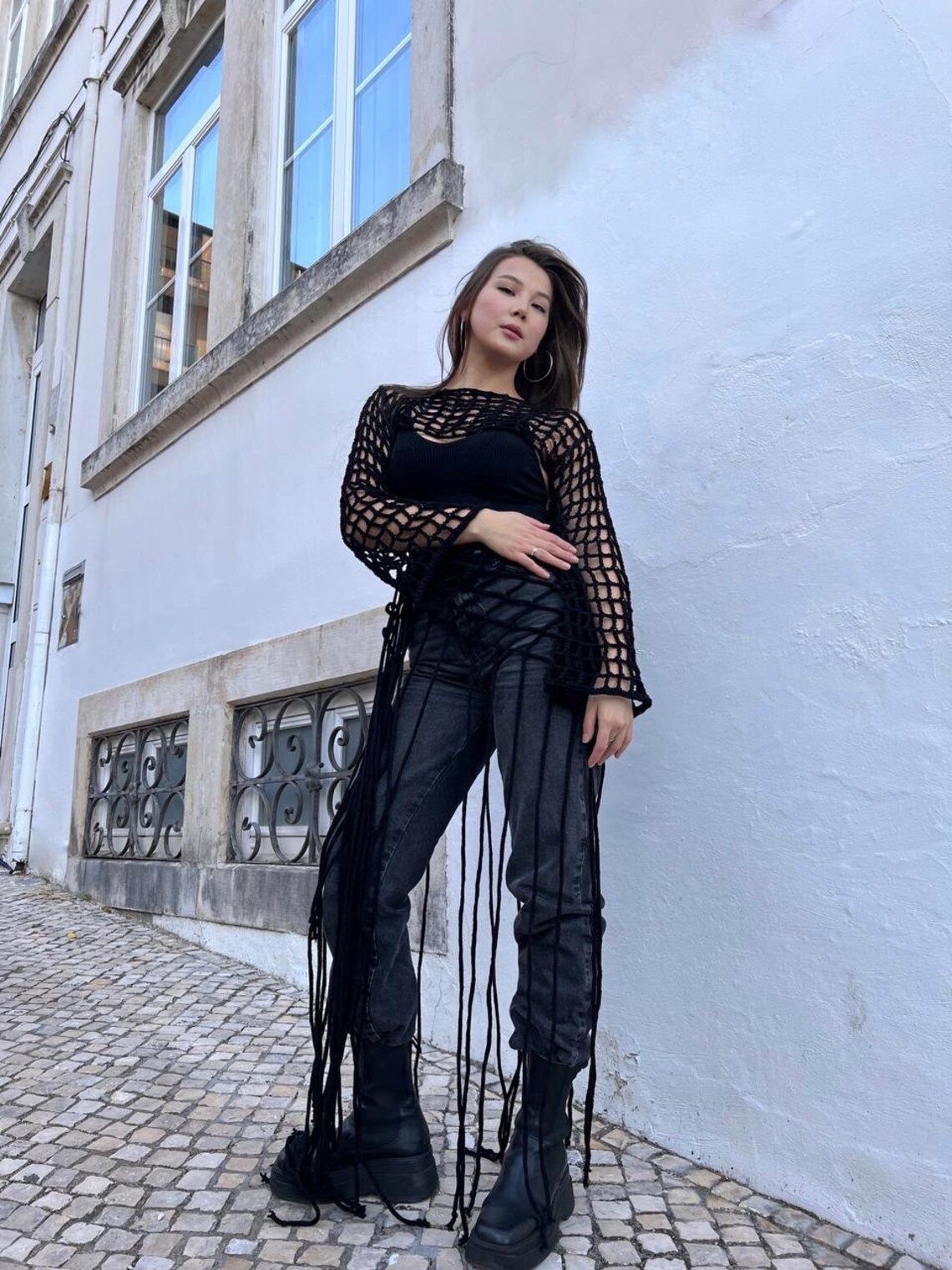 Black Net Shrug, Crochet Mesh Top, Sheer Net Sleeves, Crochet Shrug ...