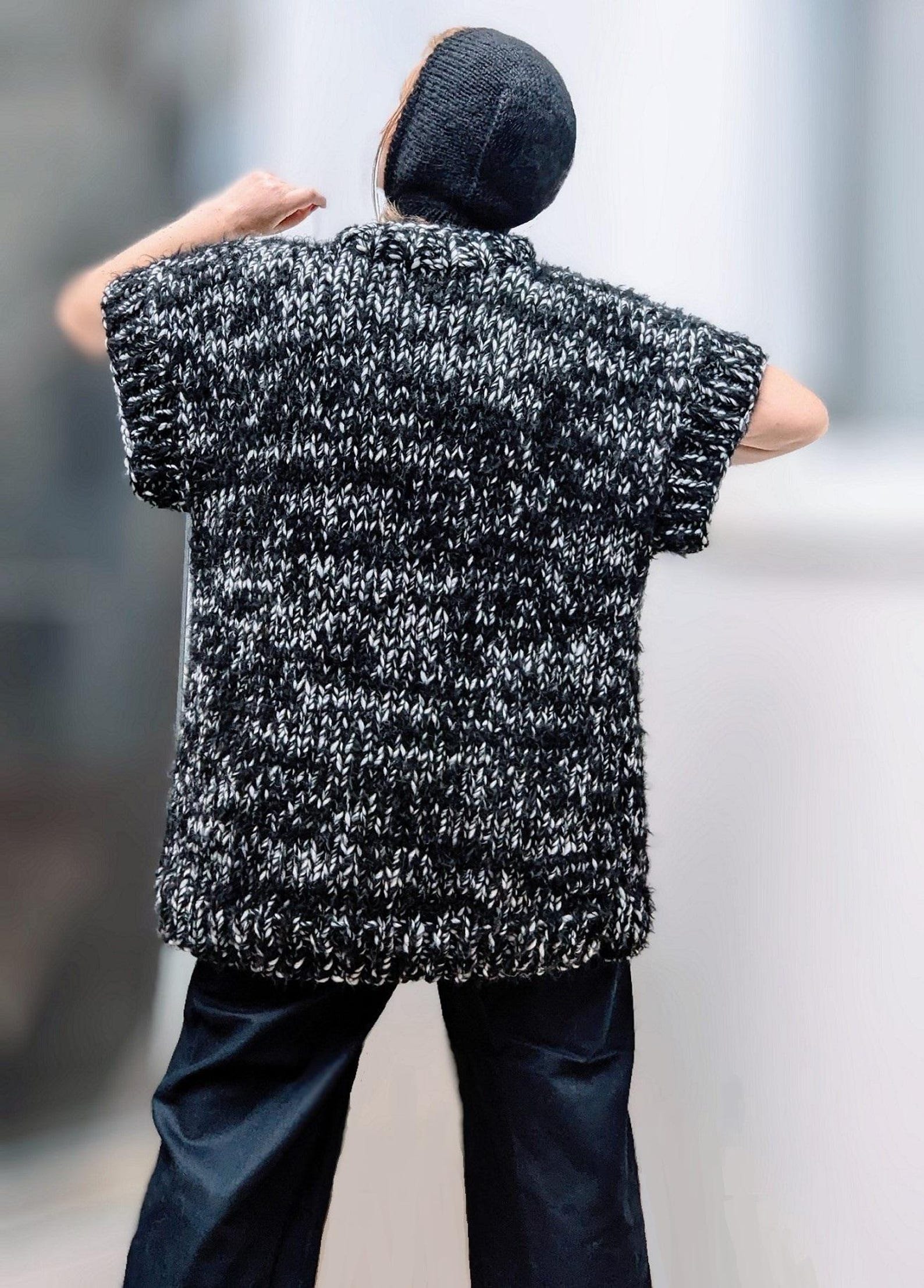 Large Knitted Vest, Black and White Waistcoat, Oversize Vest, Wide Knit ...