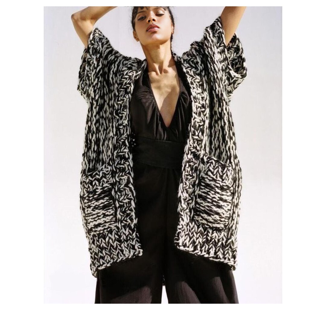 Large Knitted Vest, Black and White Waistcoat, Oversize Vest, Wide Knit ...
