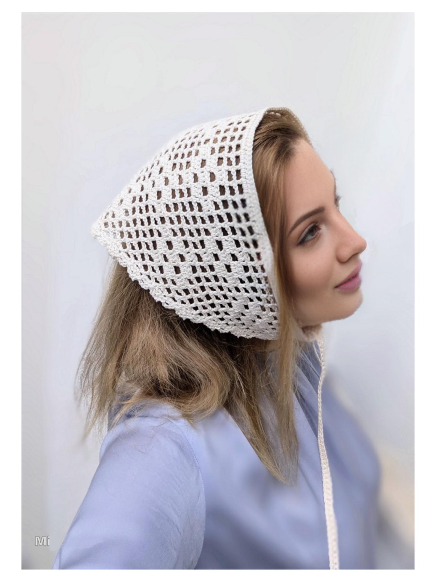 Filet Crochet Bandana, White Lace Bandana, Triangle Cotton Headband ...