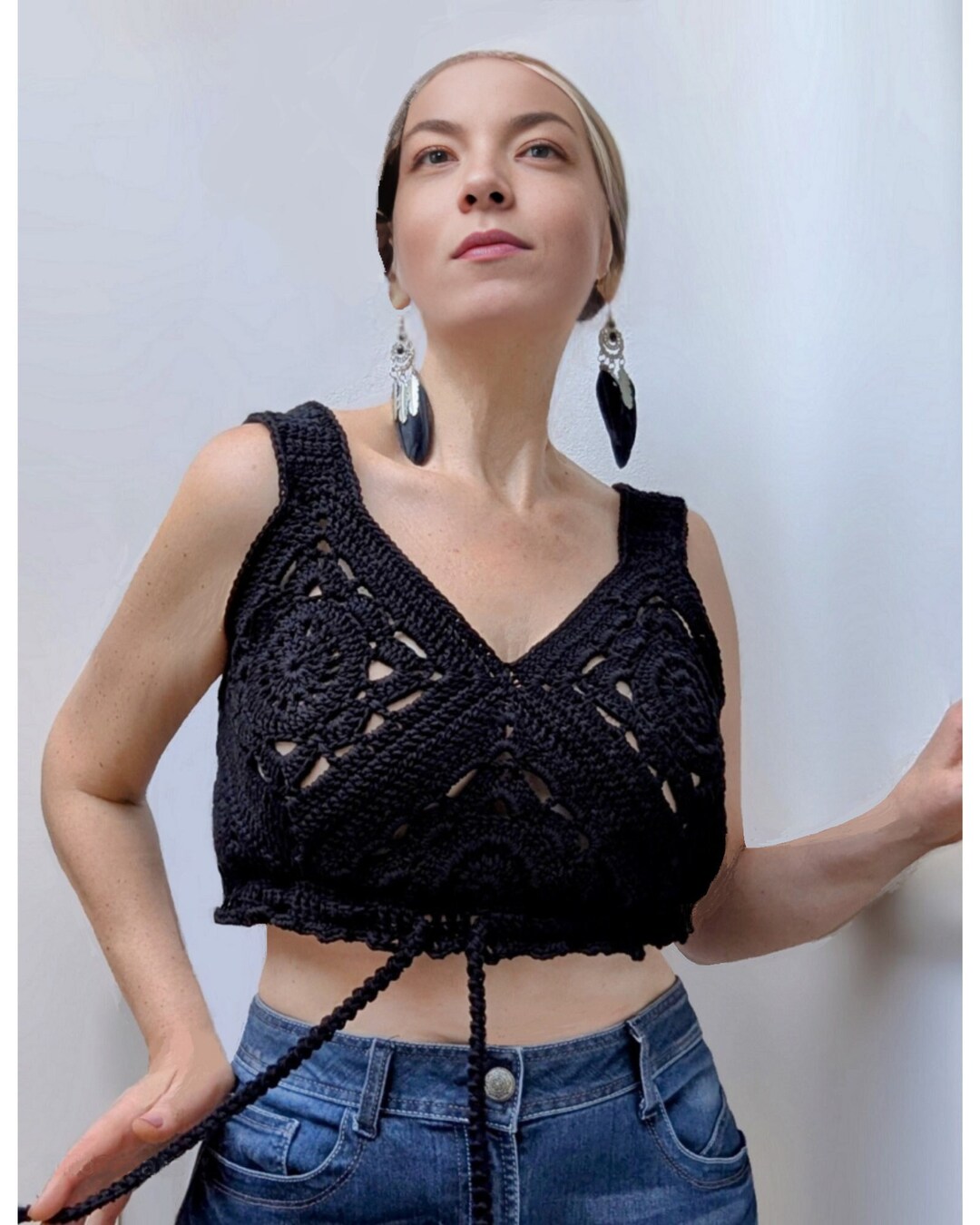 Black Top, Granny Square Top, Crochet Top, Tank Top, Cotton Crop Top ...