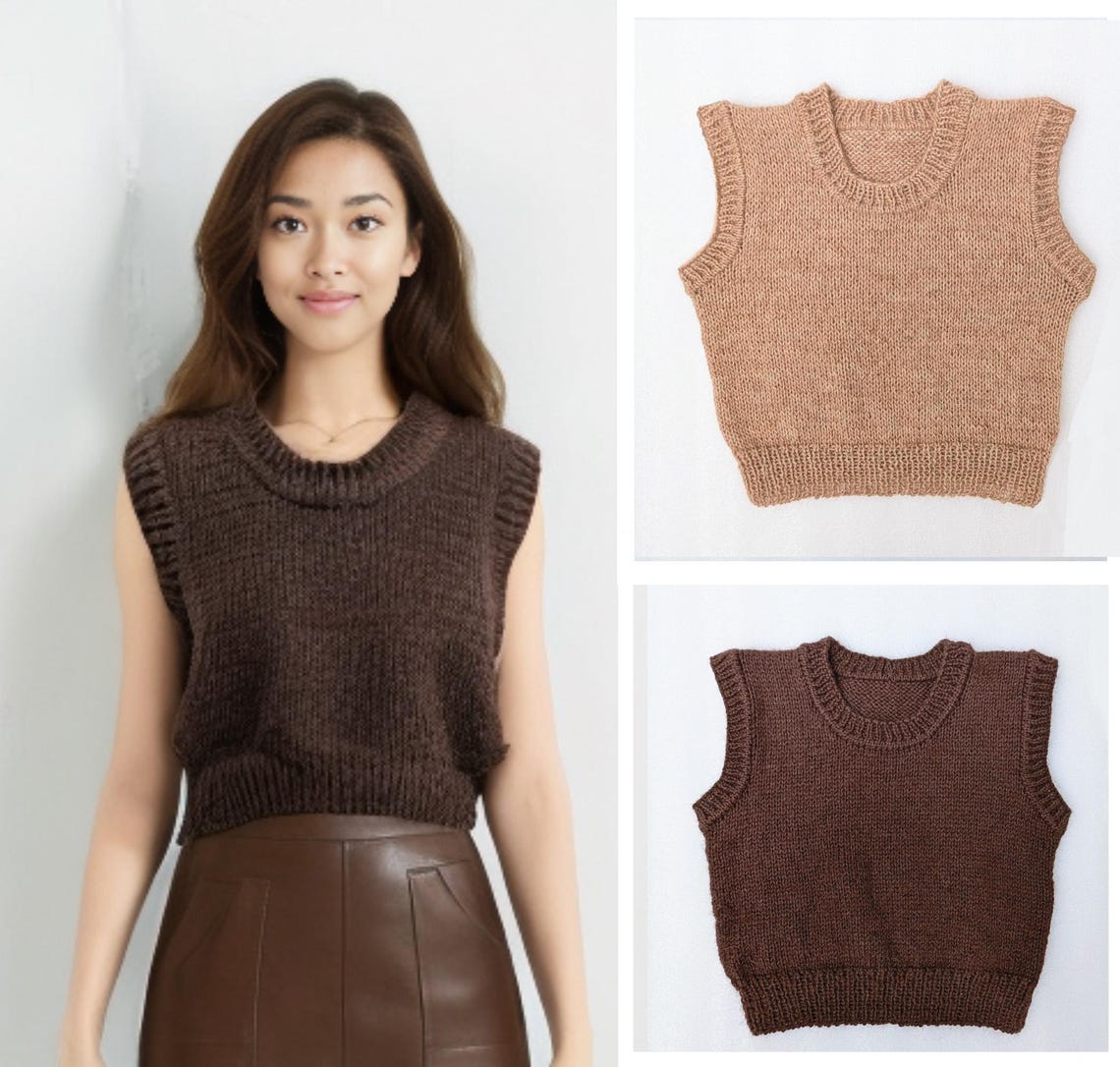 Brown Knit Vest, Woman Sleeveless Jumper, Beige Crochet Top, Chocolate ...