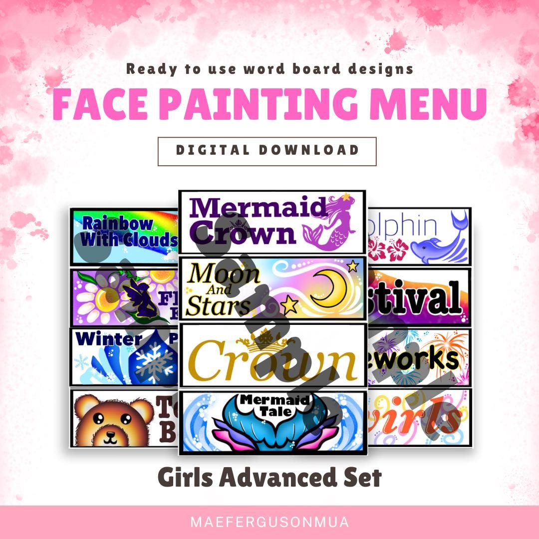 Girly Advanced, Mermaid/ Princess/ Festival, Face Painting Word Board ...