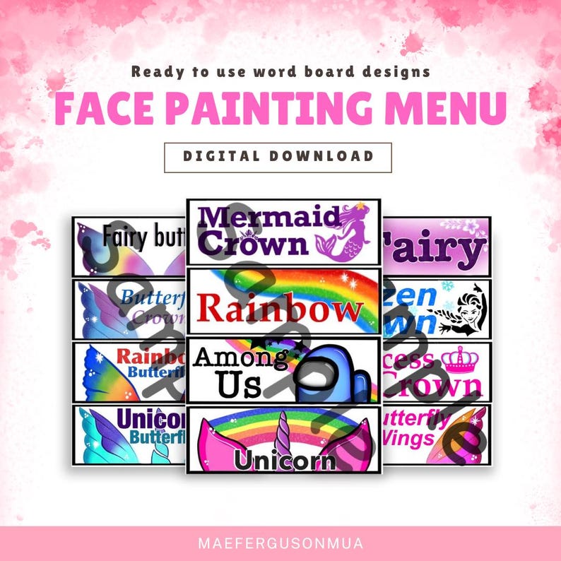 Girly Butterfly/fairy/unicorn Face Painting Word Board, Design Menu ...