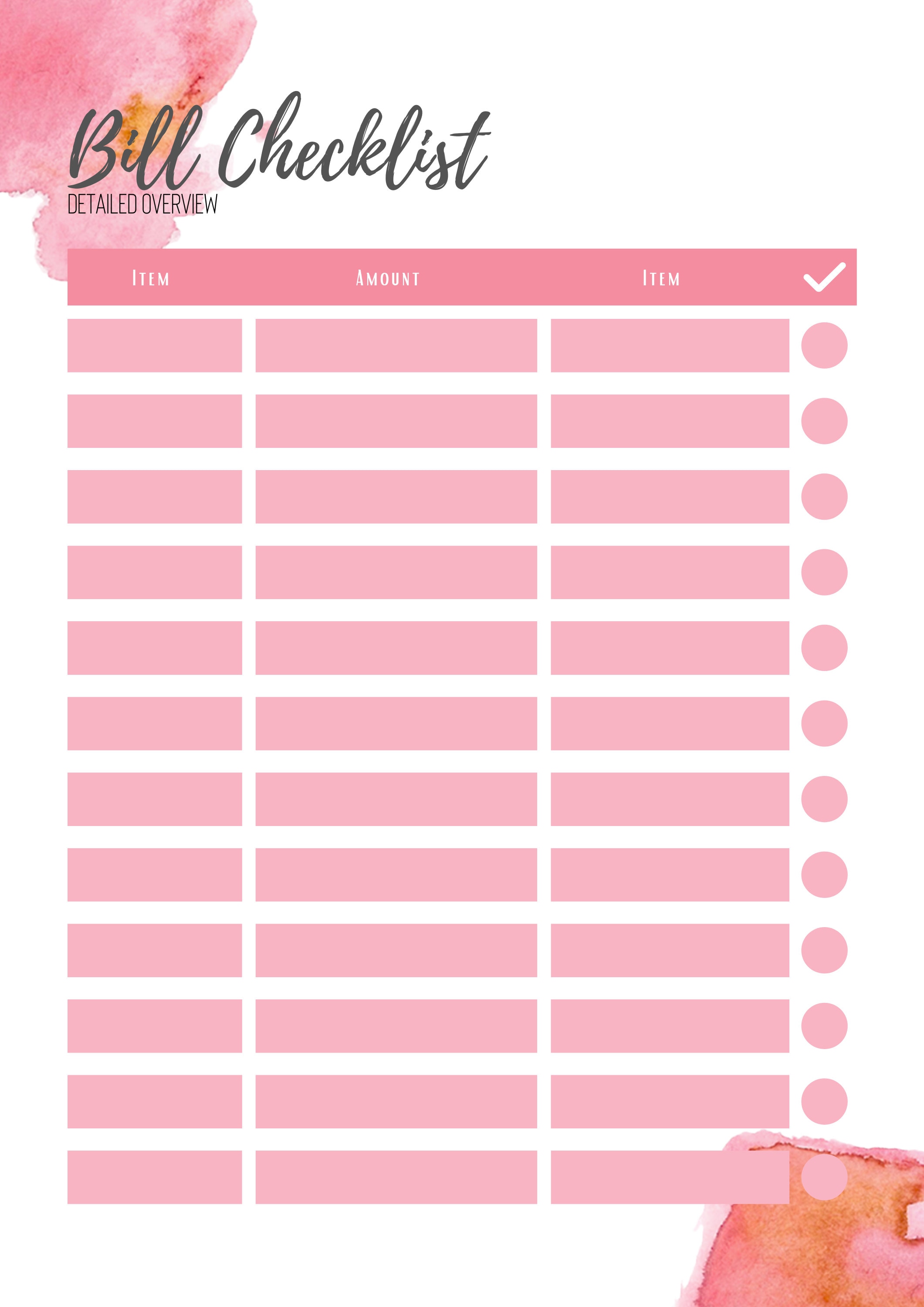 Pink Watercolor Financial Planner Bill Checklist Worksheet - Etsy