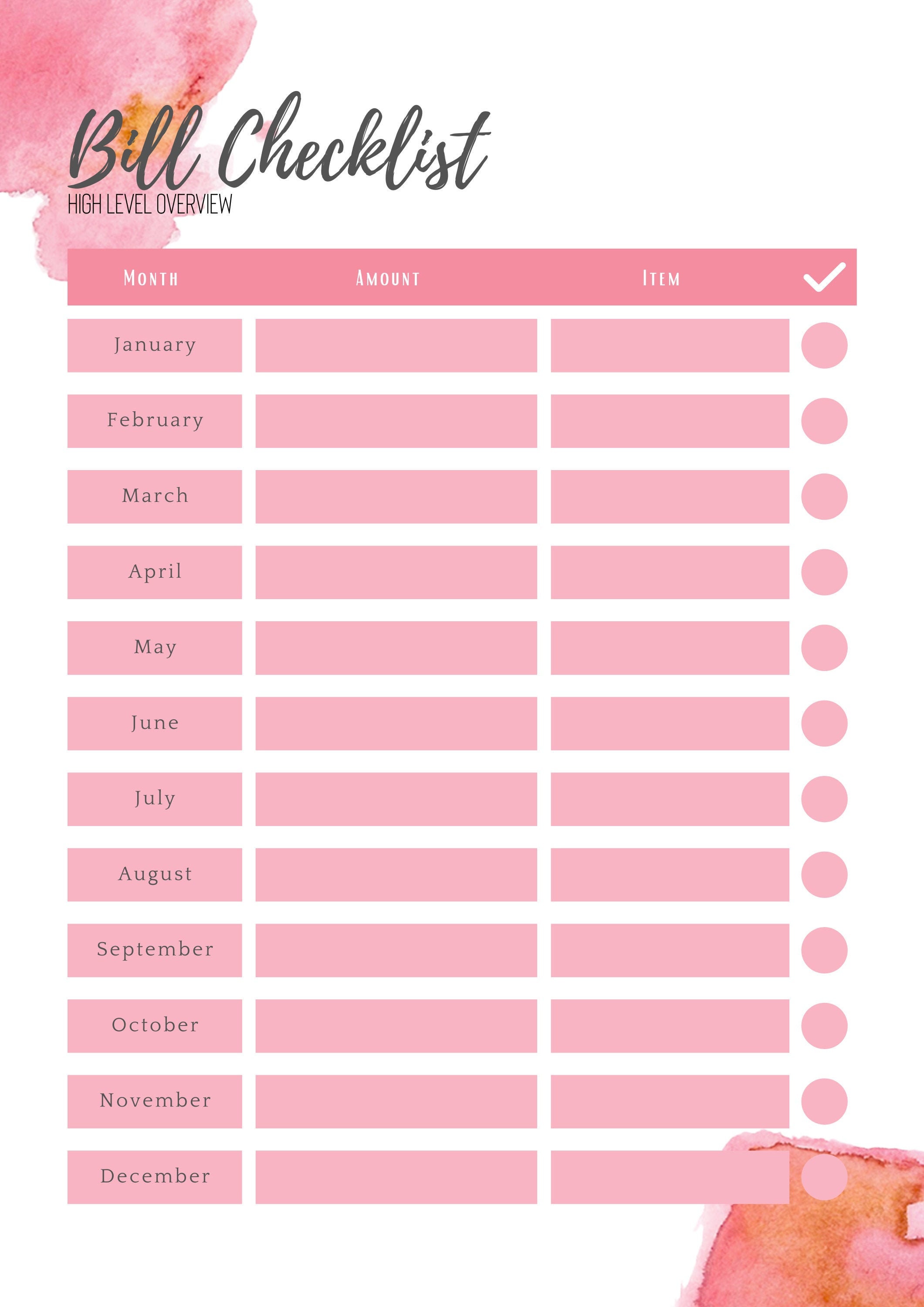 Pink Watercolor Financial Planner Bill Checklist Worksheet - Etsy