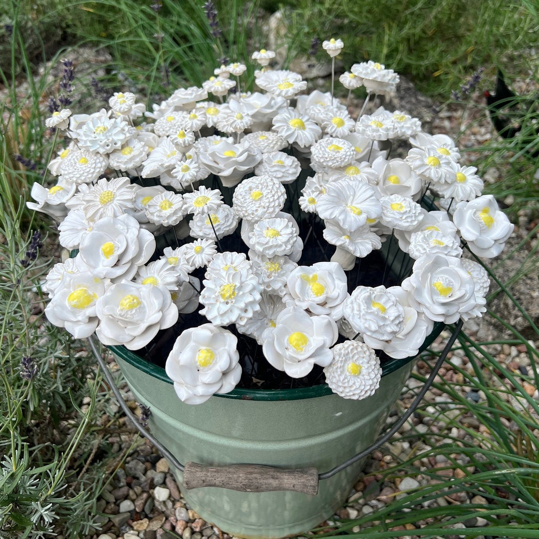 White Ceramic Flowers, Flower Mix With 3 Roses and 5 Other Flowers in a ...