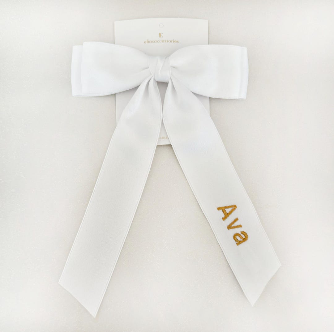 White Personalized Bow With Clip Custom Name Bow White Satin Bow White ...