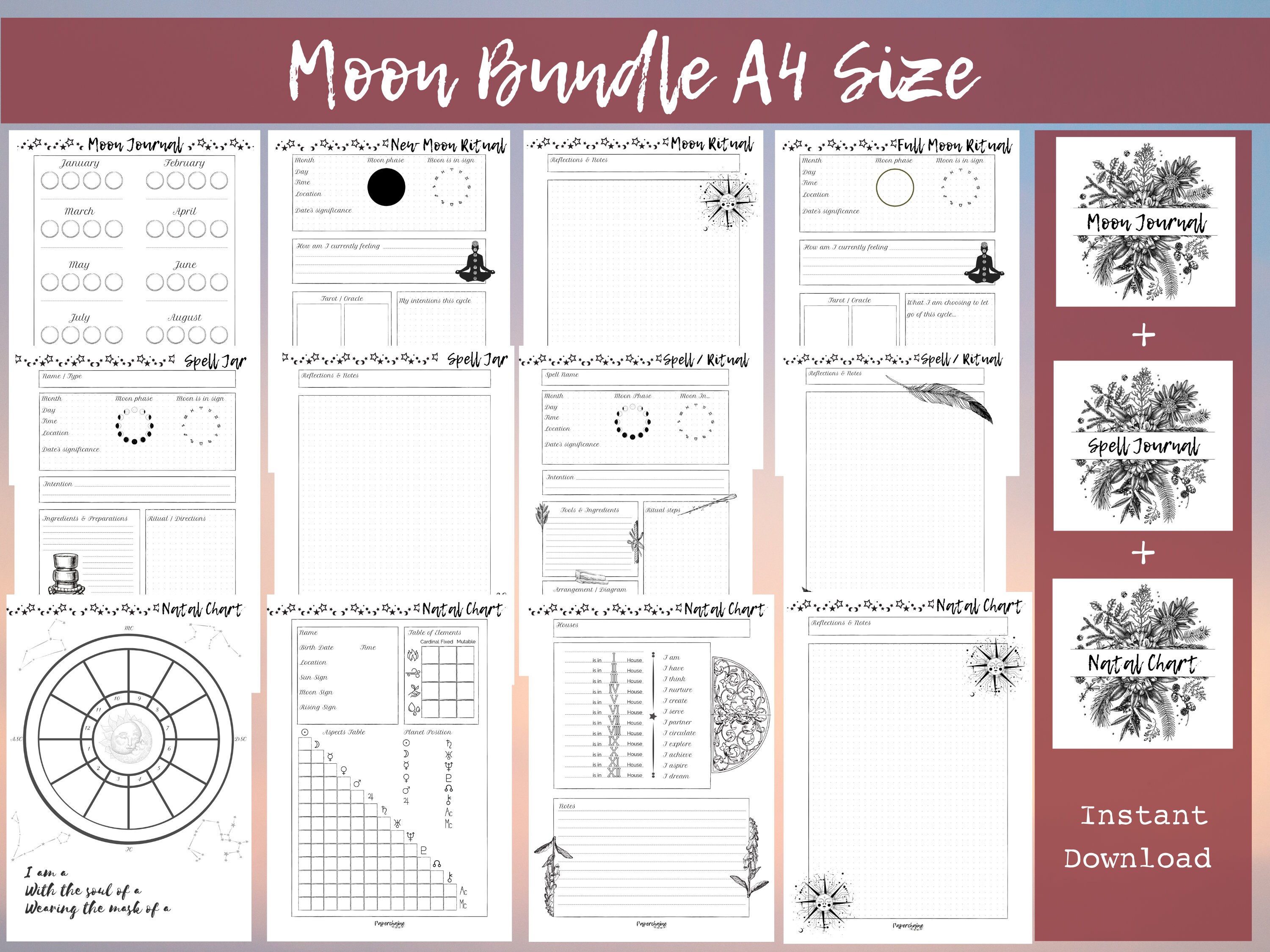Blank Moon BUNDLE A4 Size Moon Journal Spell Kit Natal Chart Instant ...
