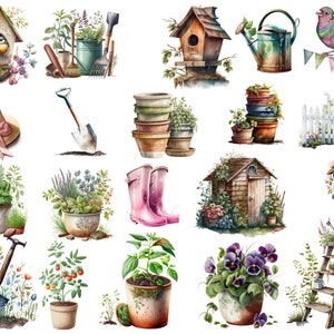 Watercolor Spring Garden Clipart, Spring Flowers in Pots, Farmhouse ...