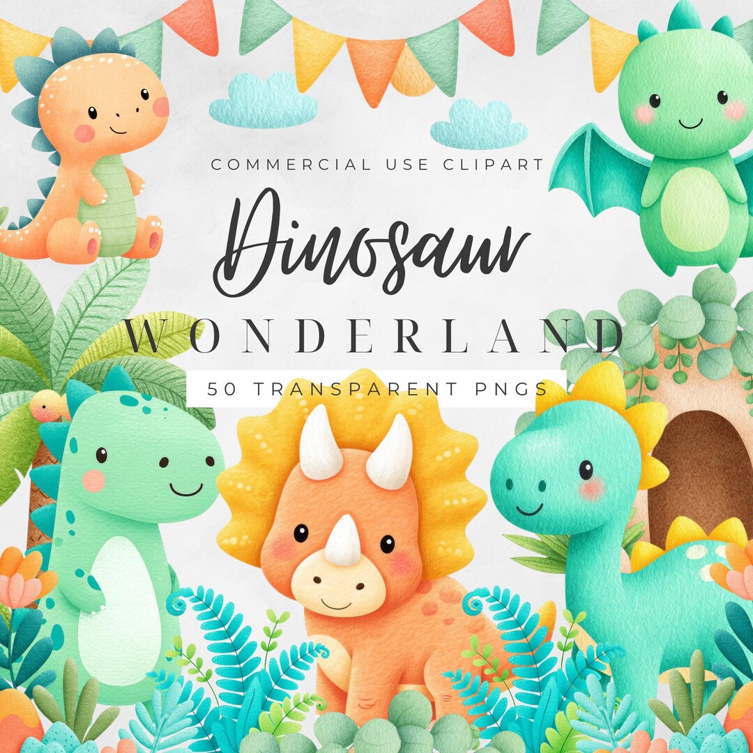 Dinosaur Clipart PNG, Cute Dino Graphics Commercial Use, 50 Prehistoric ...