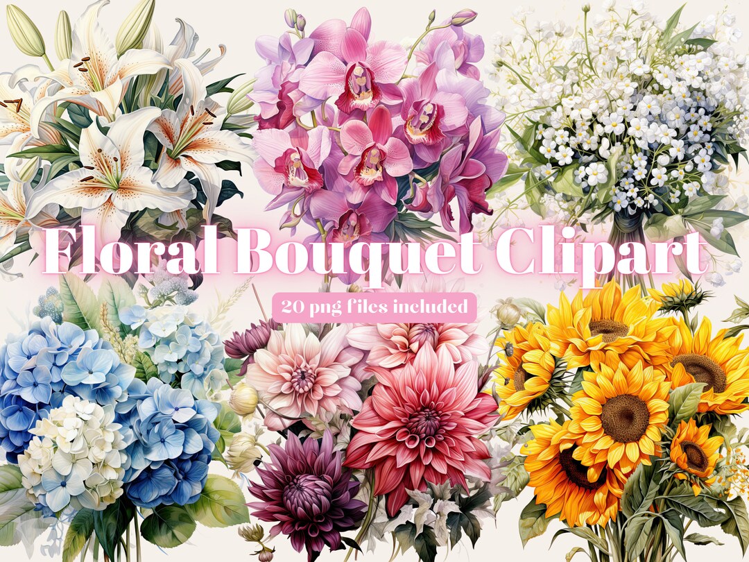 Boho Bouquet Clipart Bundle, Floral Bouquet, Boho Flowers, Scrapbook ...