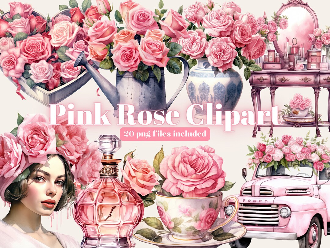 Pink Roses Flower Watercolor Clipart, Roses Clipart, Watercolor Bundle ...