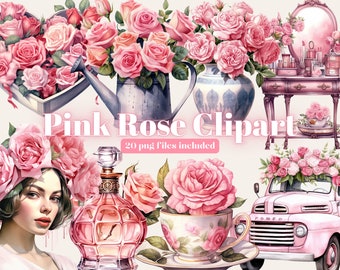 Pink Roses Flower Watercolor Clipart, Roses Clipart, Watercolor Bundle ...