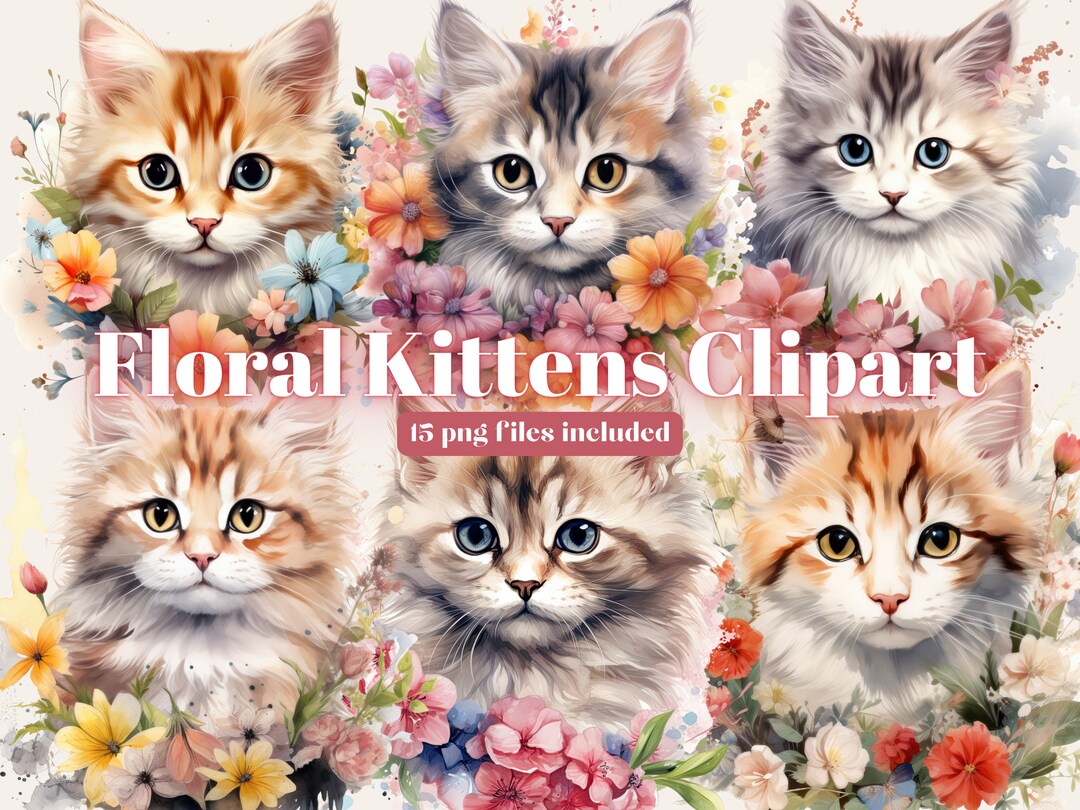 Cute Kitten With Flowers Watercolor Clipart, Cute Cat Art, Instant ...