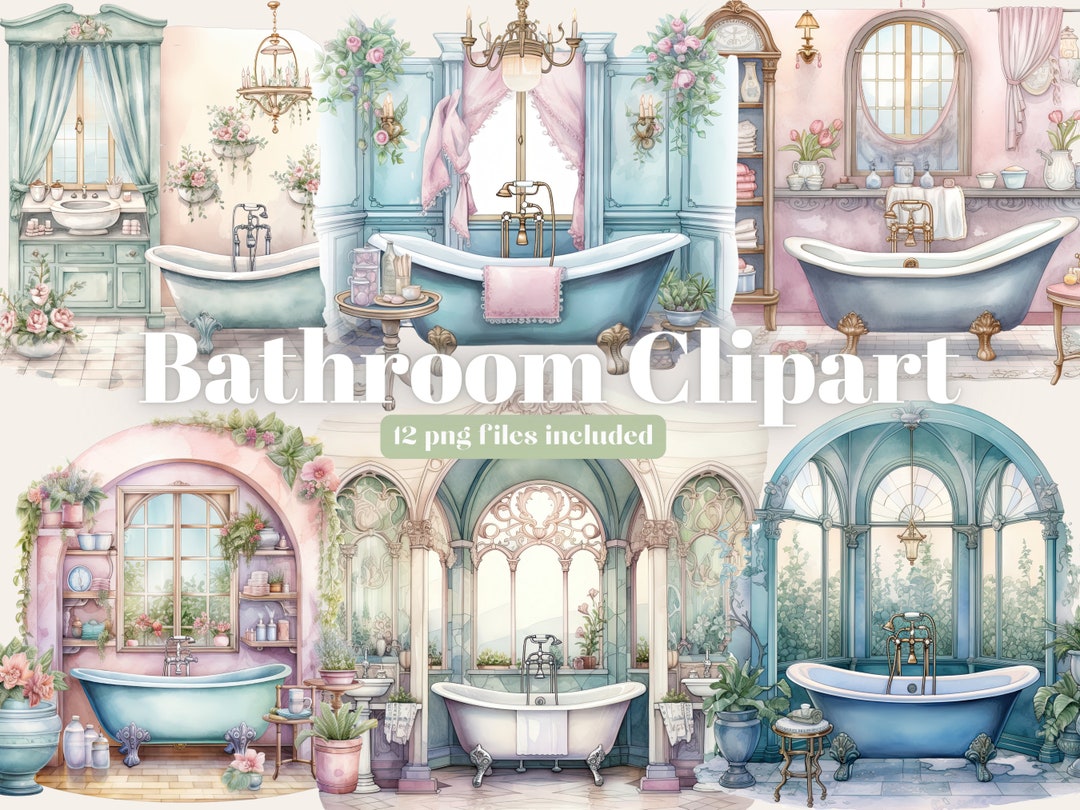 Cozy Pastel Bathroom Watercolor Clipart, Bathroom Interior, Favourite ...