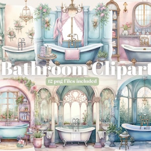 Cozy Pastel Bathroom Watercolor Clipart, Bathroom Interior, Favourite ...