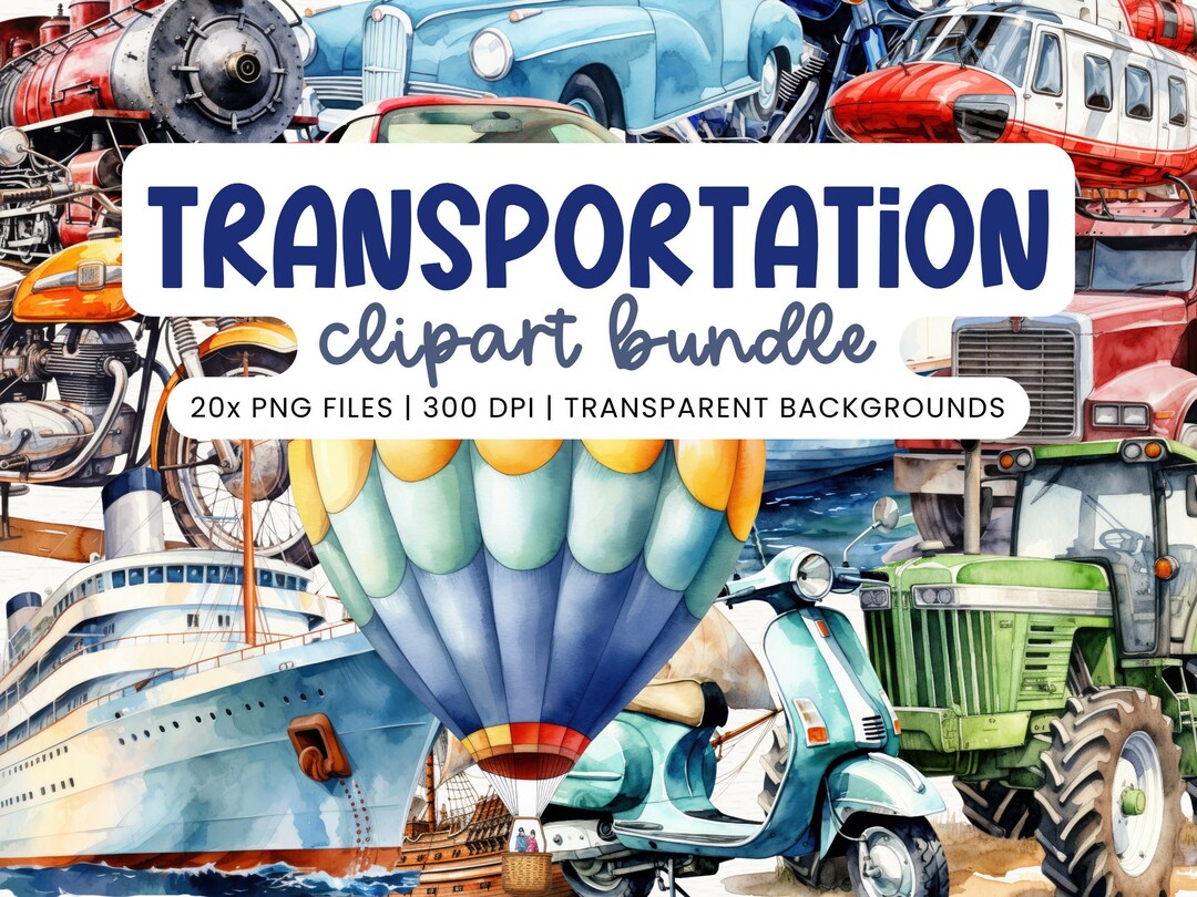 Watercolor Transportation Clipart Set of 20 PNG Files, Vehicles Clipart ...
