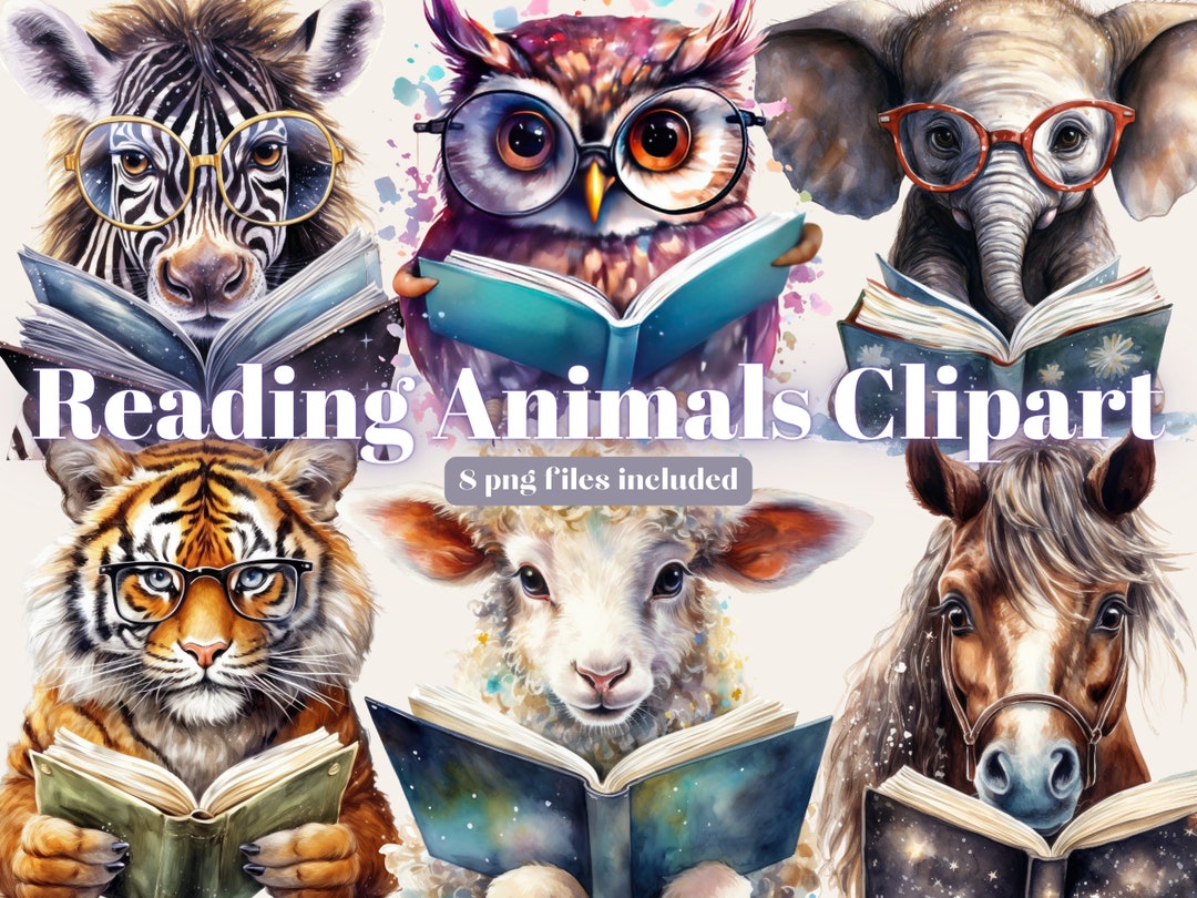 PNG Watercolour Booklover Animals Clipart Bundle, Reading Animals Clip ...