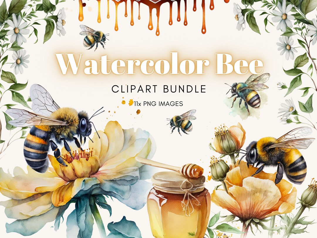 Watercolor Honeybee Clipart Bundle. Summer Clipart. Watercolor Flower ...