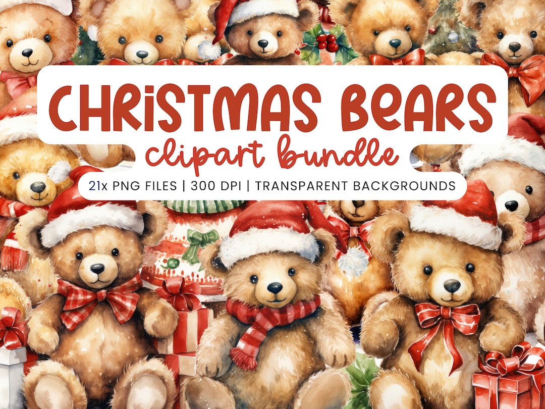 Watercolor Christmas Teddy Bear Clipart, 19 PNG Holiday Teddy Bear ...