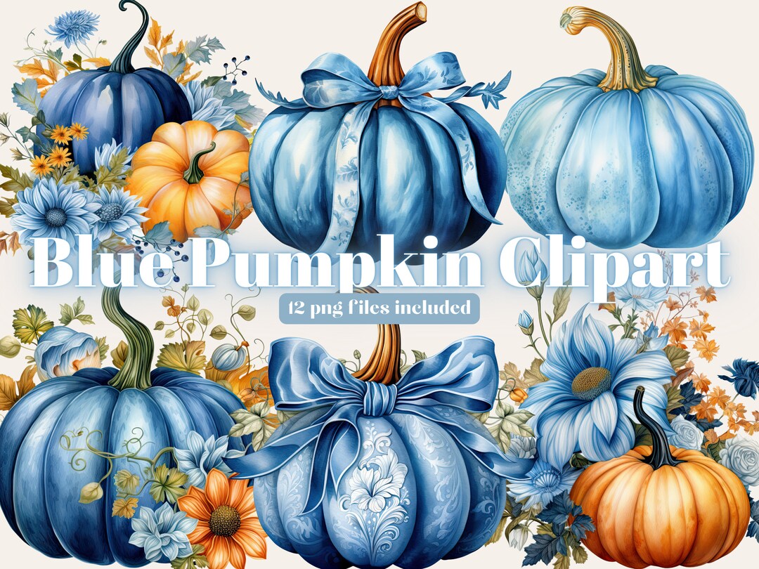 Autumn Pumpkin Watercolor Clipart, Fall Blue Pumpkin Clipart PNG, Fall ...