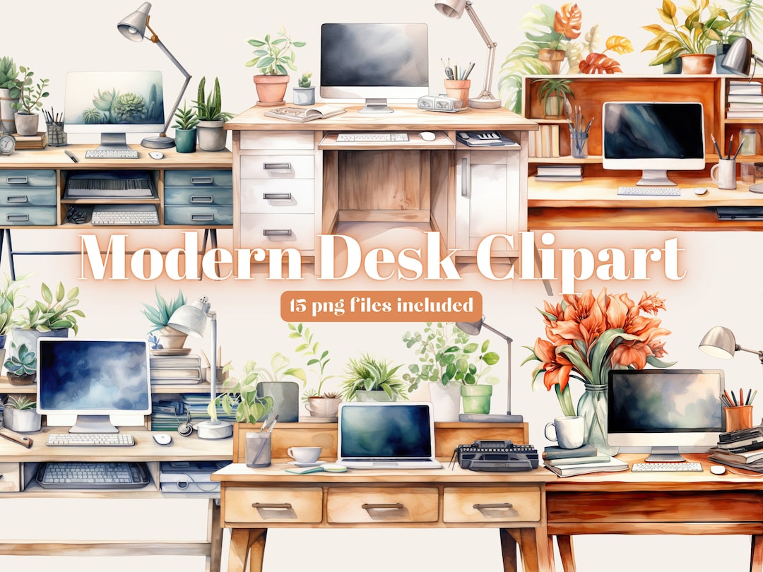 Watercolor Desk With Computer Clipart, 15 High Quality JPEG and PNG ...