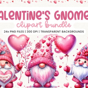 Watercolor Valentines Gnomes Clipart, 24 PNG Festive Gnomes Clipart ...