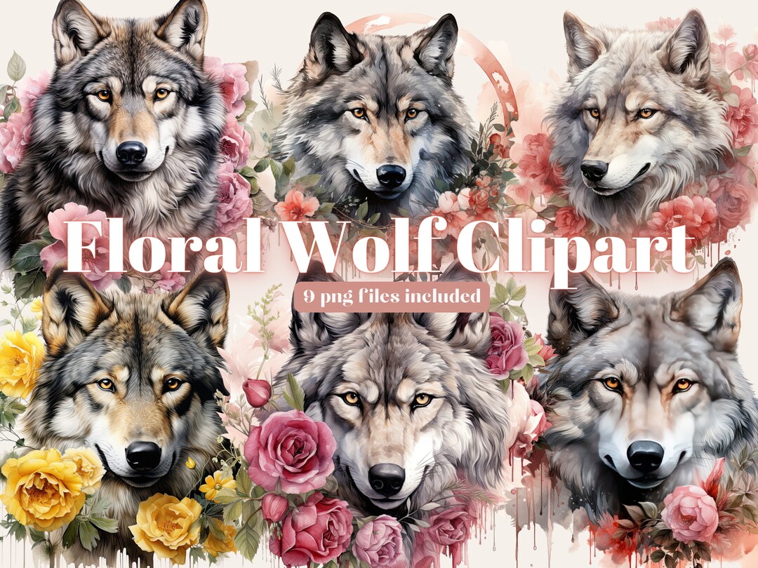 Wolf and Roses Watercolor Clipart, Wolf Clipart, Wolf Moon Bundle PNG ...