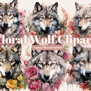 Wolf and Roses Watercolor Clipart, Wolf Clipart, Wolf Moon Bundle PNG ...