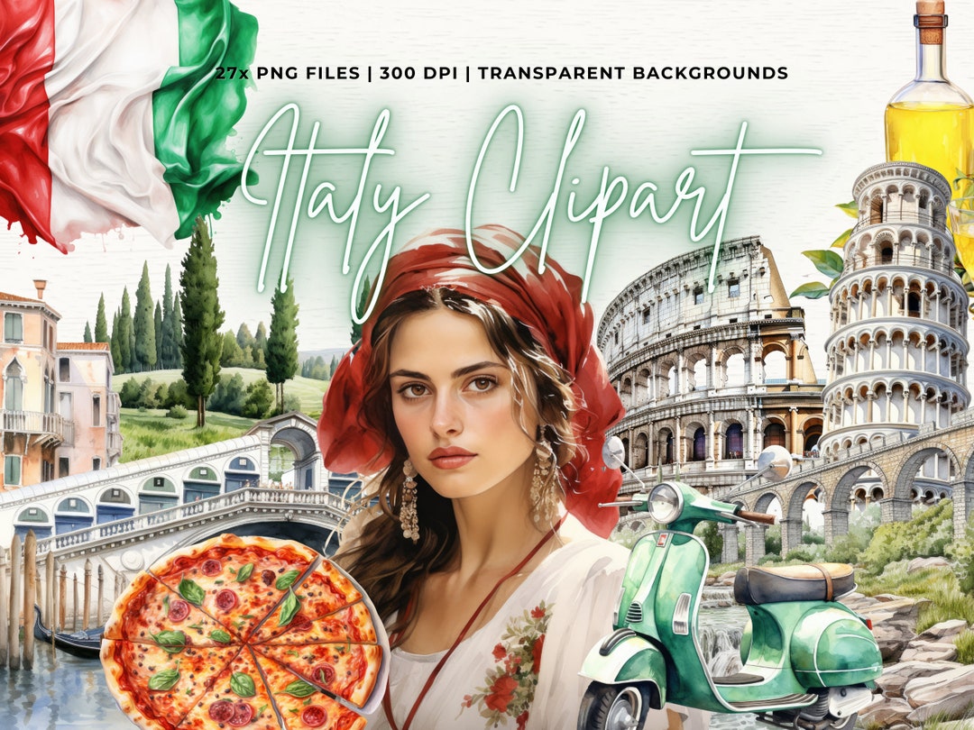 Watercolor Italy Clipart, Travel Clipart, Love PNG, Rome, Pizza, Venice ...
