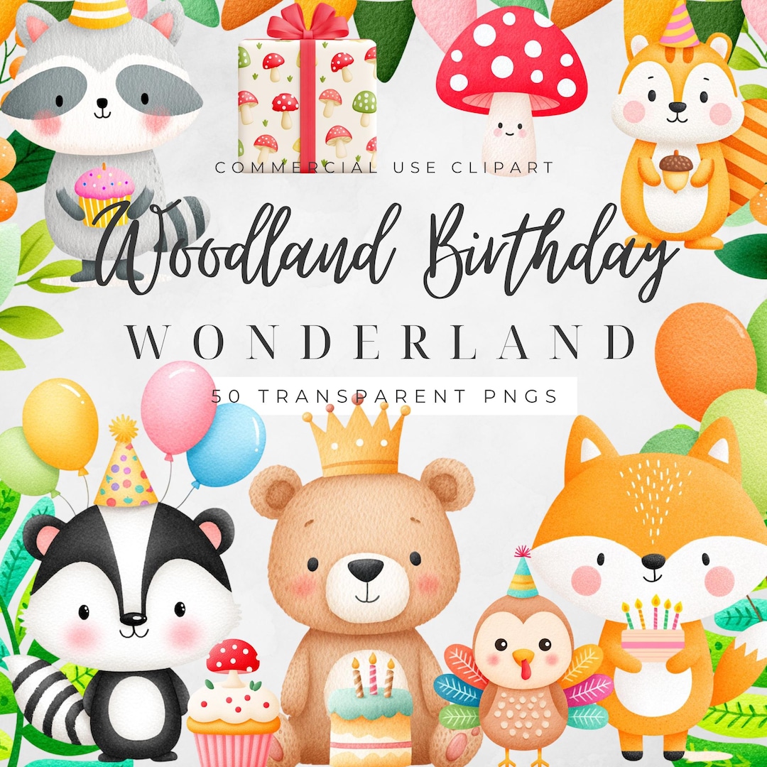 Woodland Birthday Clipart PNG, Forest Animal Party Clipart, Cute Bear ...