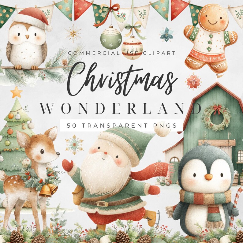 Christmas Clipart PNG, Watercolor Holiday Graphics Commercial Use, 50 ...