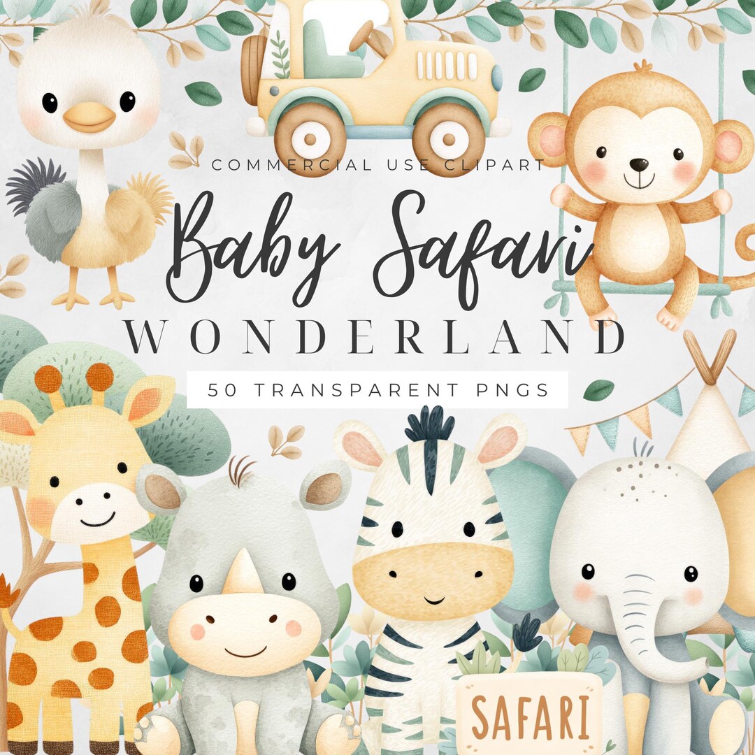 Baby Safari Clipart Bundle, Jungle Baby Animals PNG, Nursery Safari ...
