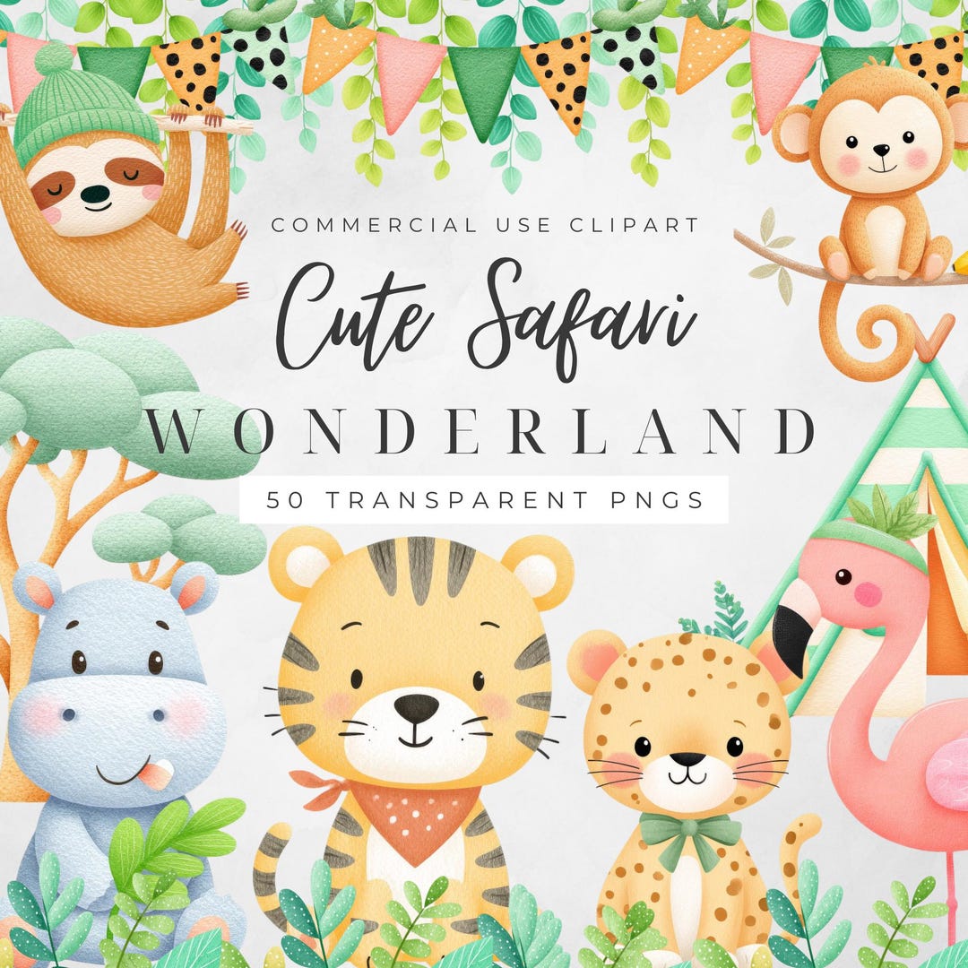 Safari Clipart PNG, Jungle Animal Graphics Commercial Use, 50 Wildlife ...