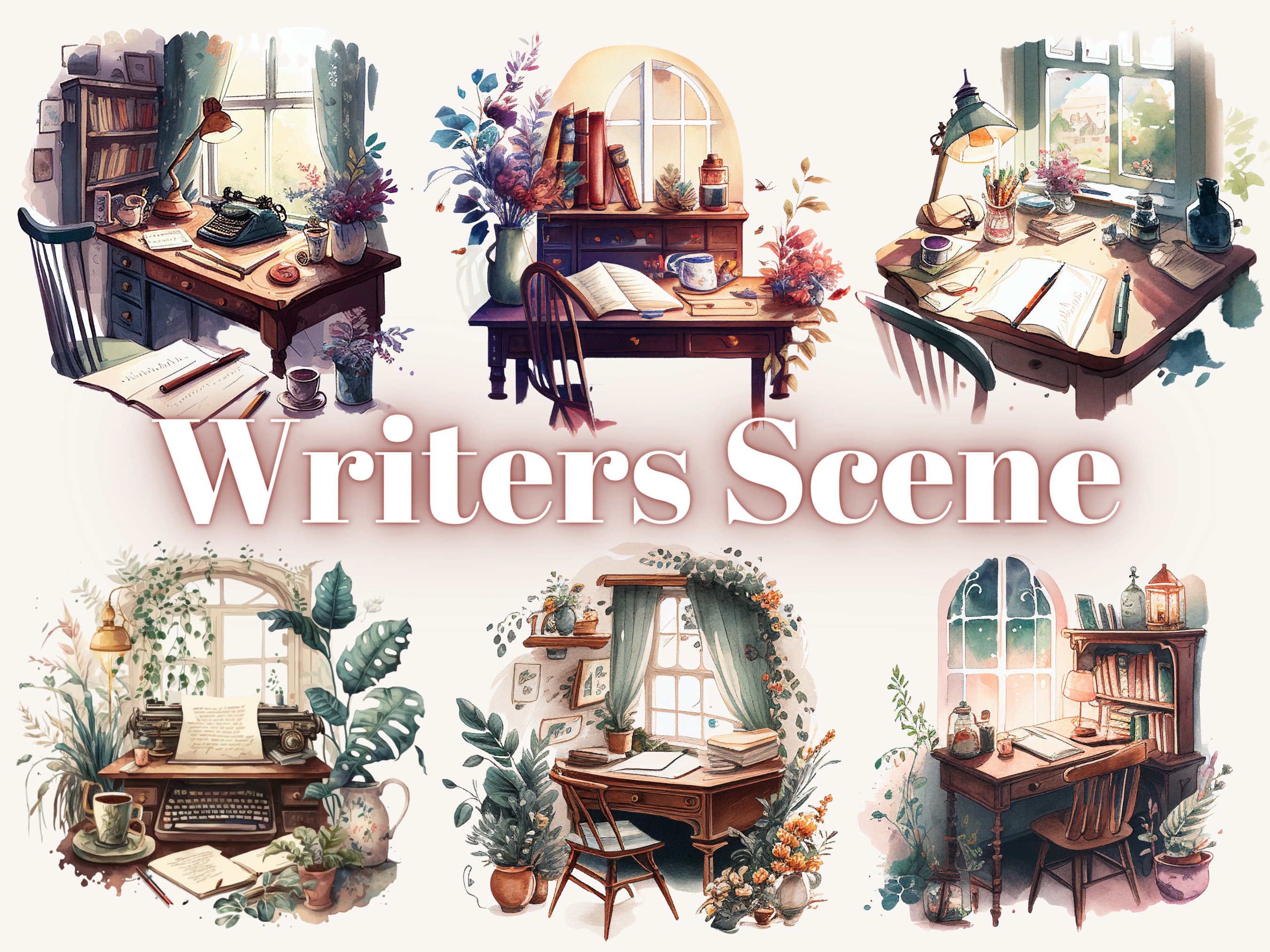 Cute Watercolor Vintage Writers Scene Commercial Use Clipart - Etsy