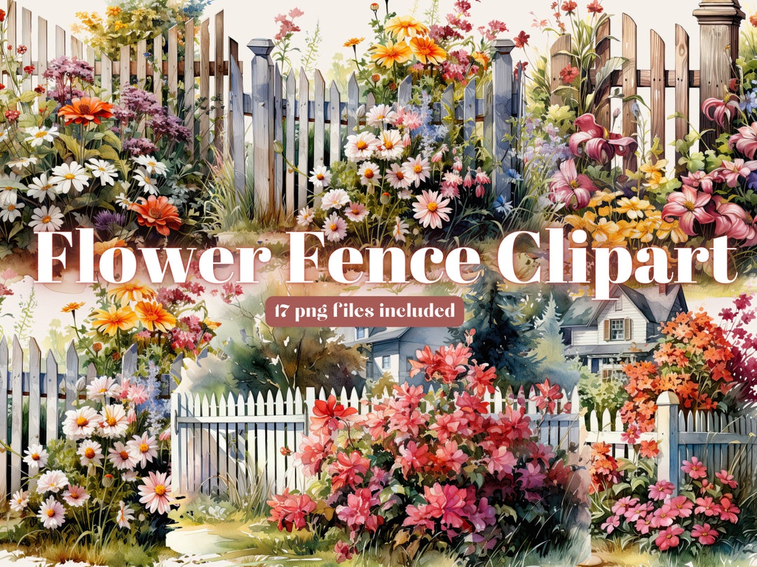 Garden Fence Spring Flowers Watercolor Clipart, Floral Clipart, Summer ...