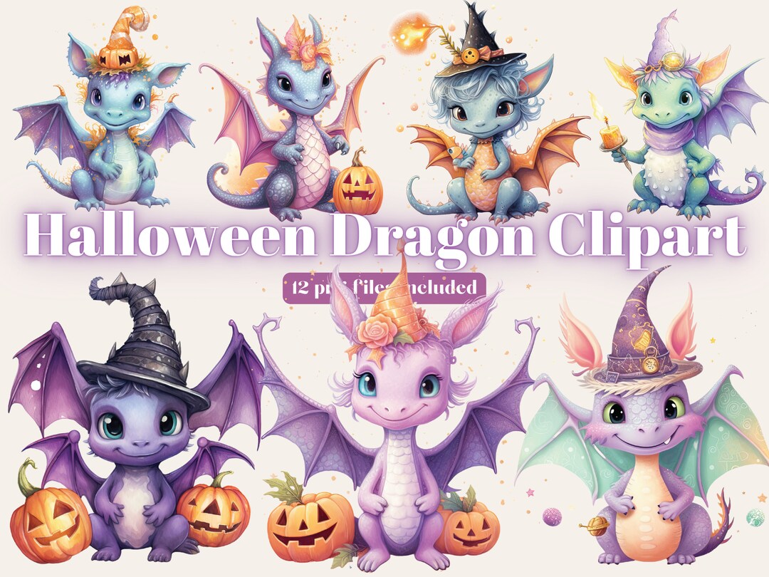 Cute Witchy Dragon Clipart, Watercolor Halloween Dragon PNG, Spooky ...