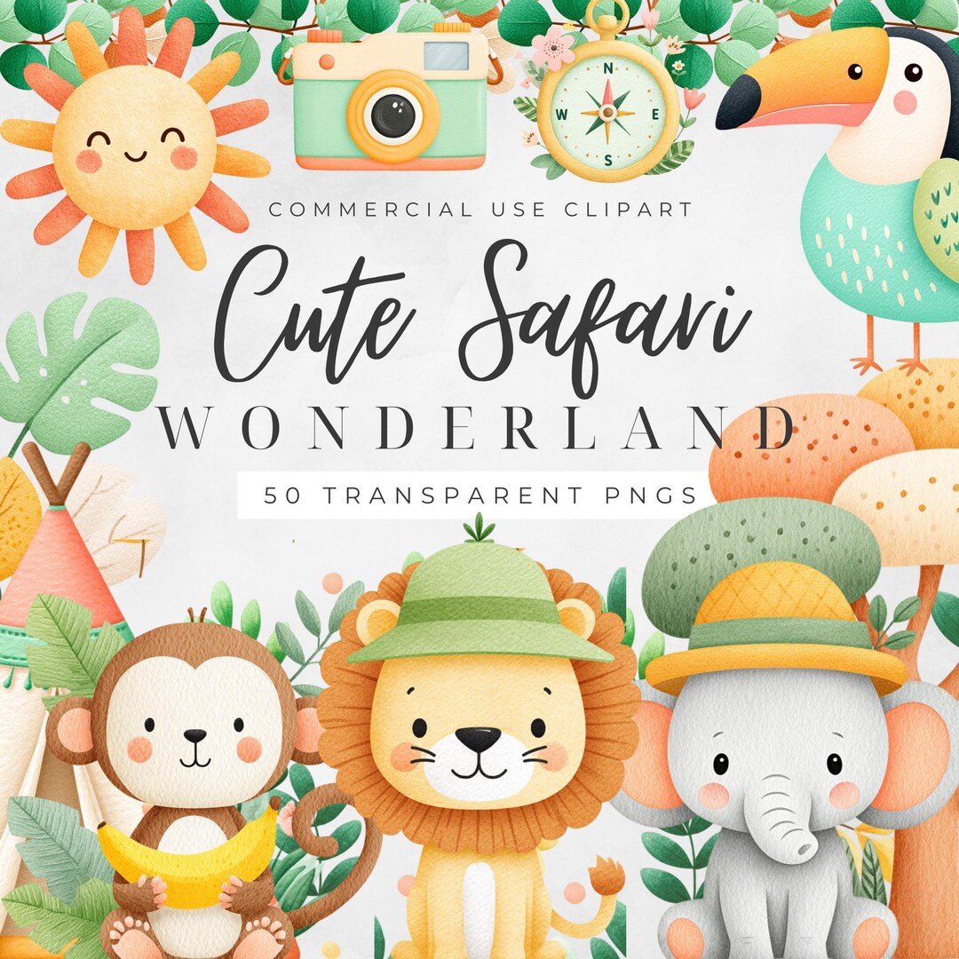 Safari Animal Clipart Bundle, Jungle Theme Graphics, Kids PNG (digital ...