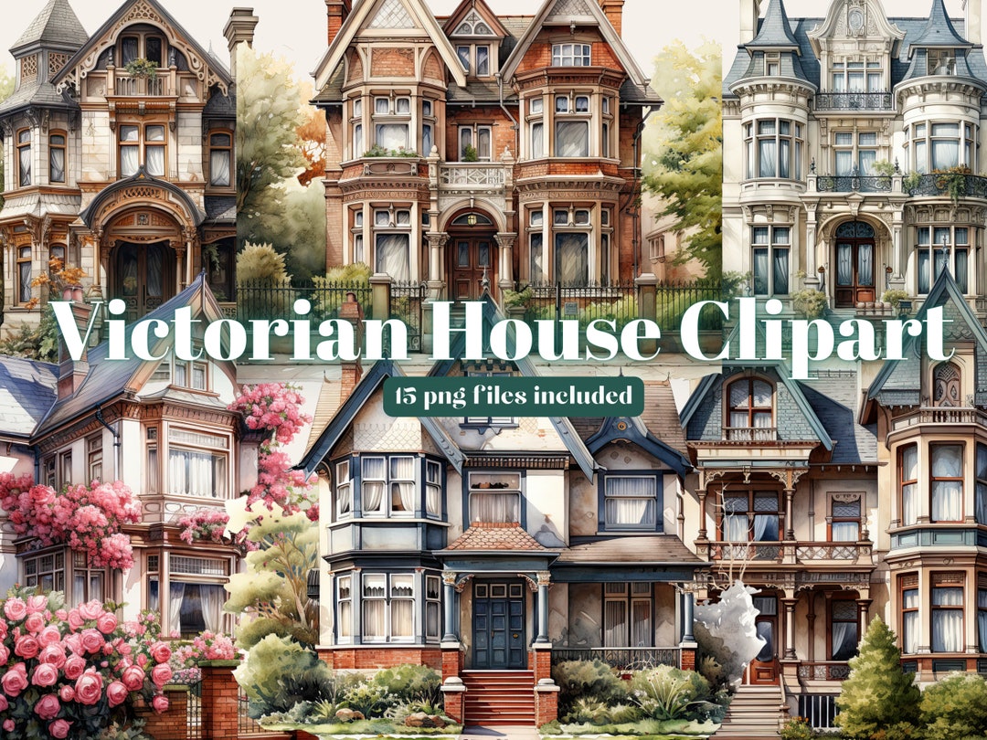 Vintage Victorian House Red Roses Watercolor Clipart, House Pond, House ...