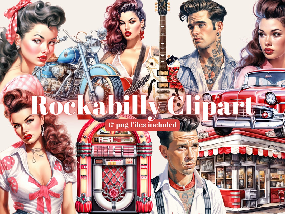 Rockabilly Retro Watercolor Clipart, Veteran Cars Clipart PNG, Portrait Girl, Motor Art Clipart ...