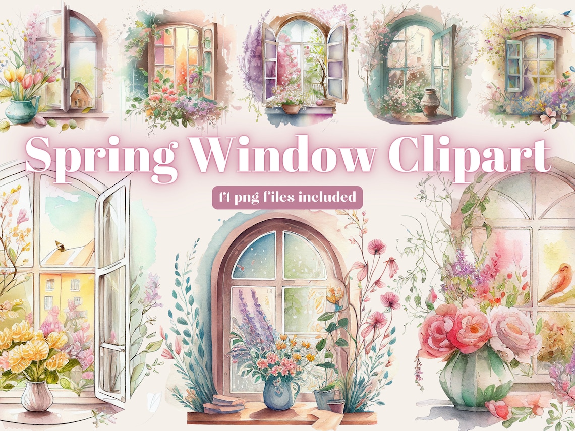 Cute Watercolor Spring Windows With Flowers Scenes Commercial - Etsy